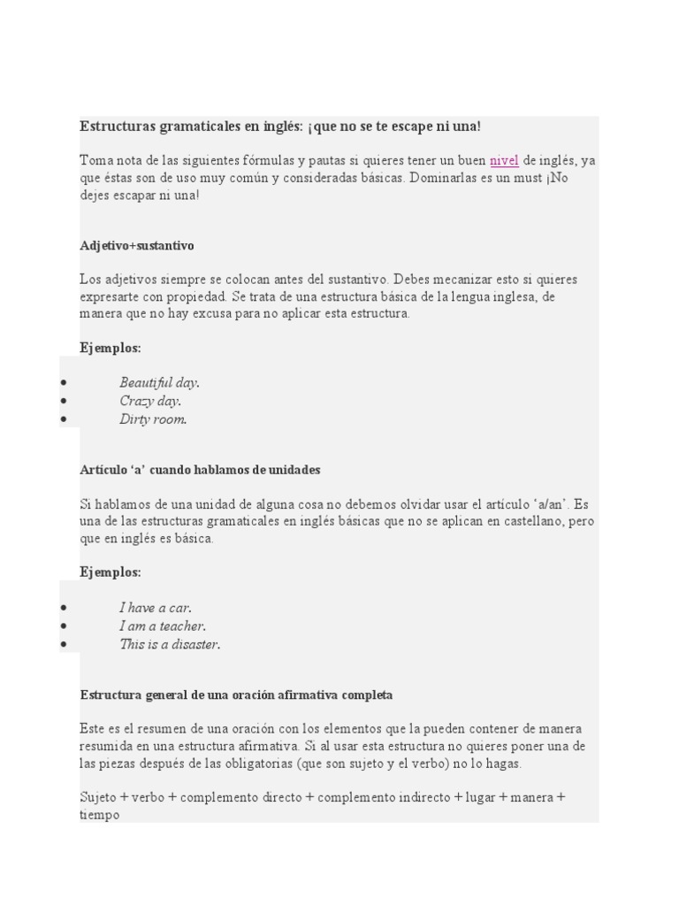 Estructuras gramaticales básicas en inglés | PDF | Asunto (gramática ...