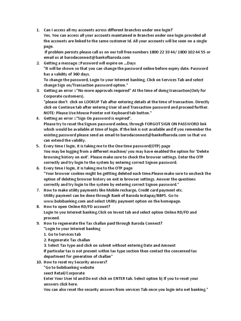 Faq Baroda Connect Internet Banking | PDF | Online Banking | Banks ...