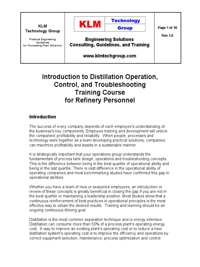 Introduction To Distillation Operation, Control, and Troubleshooting ...