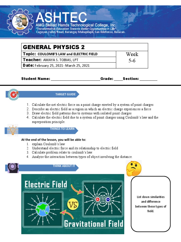 General Physics G12 WK5-6 A.tobias | PDF | Electric Field | Electric Charge