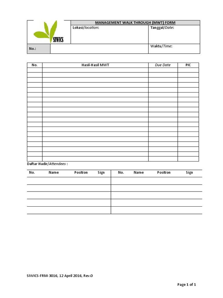 Lokasi/location: Tanggal/Date:: Management Walk Through (MWT) Form | PDF