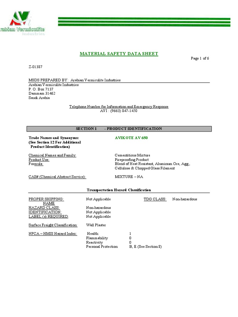 Av 650 Recent MSDS | PDF | Chemistry | Materials