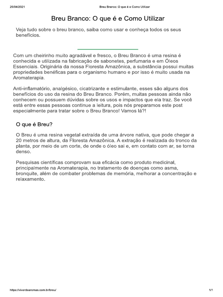 Breu Branco - O Que É e Como Utilizar | PDF
