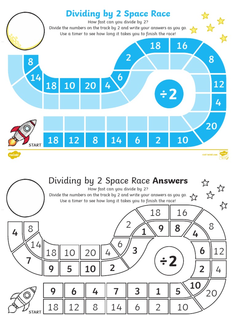 Dividing by 2 Space Race Worksheet | PDF