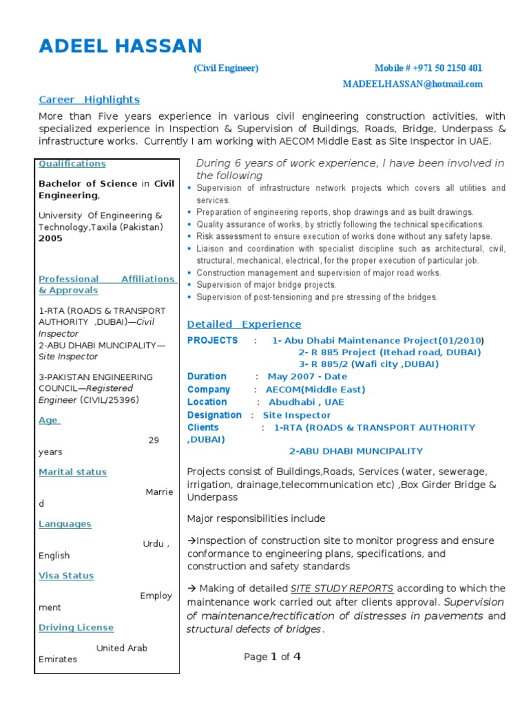 CV Adeel Ok1 Ok | PDF | Road | Civil Engineering