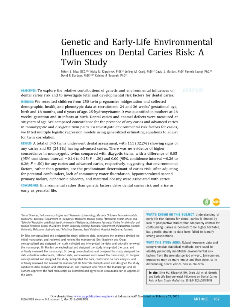 Genetic and Early-Life Environmental in Uences On Dental Caries Risk: A Twin Study | PDF | Twin ...