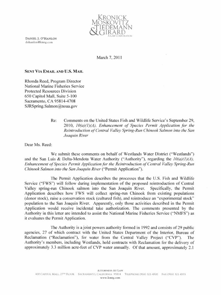 Westlands & SLDMWA Letter To NMFS Regarding Release of Salmon For San ...