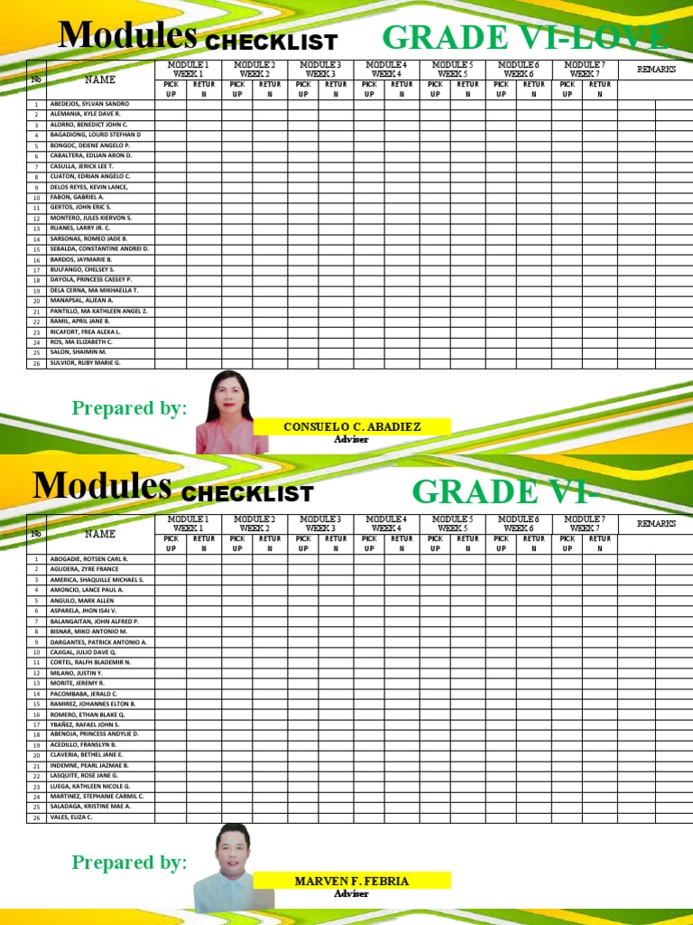 Grade VI Weekly Module Checklist | PDF