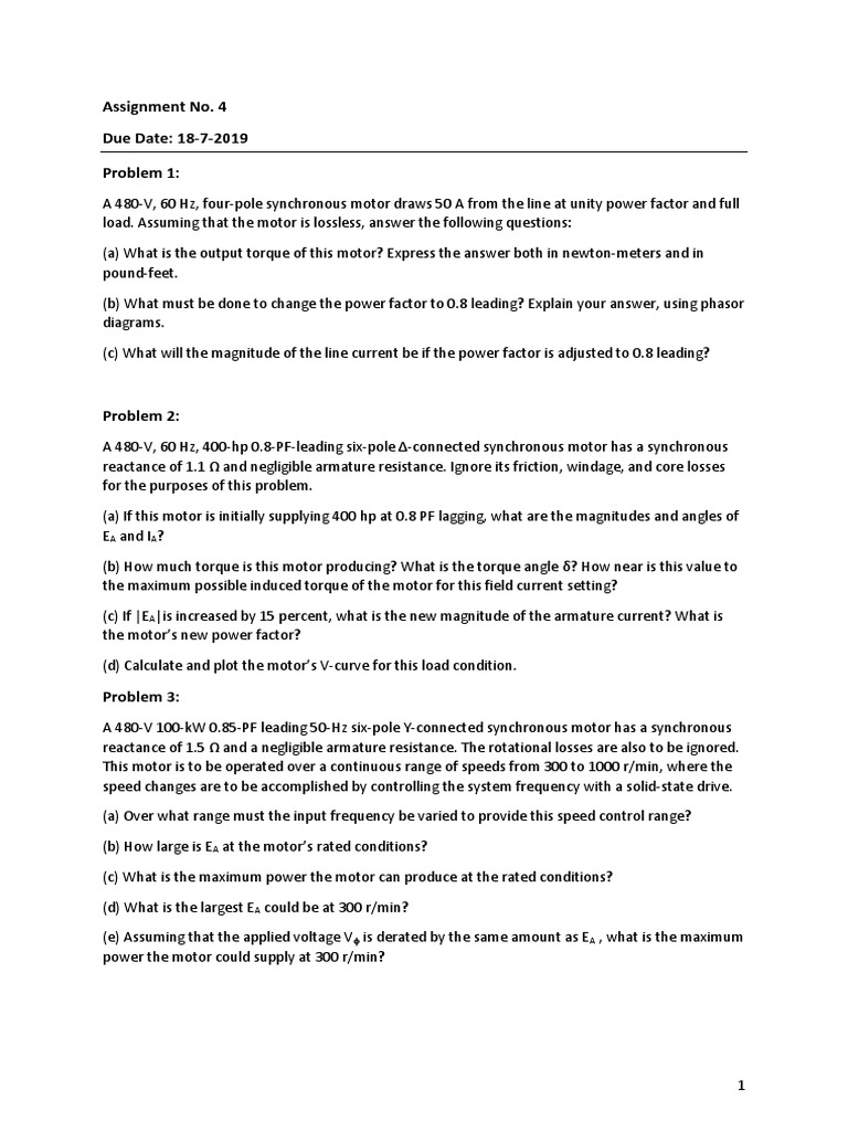 Assignment No 4 Due Date 18 7 2019 Problem 1 Pdf Electric Motor Electric Generator 