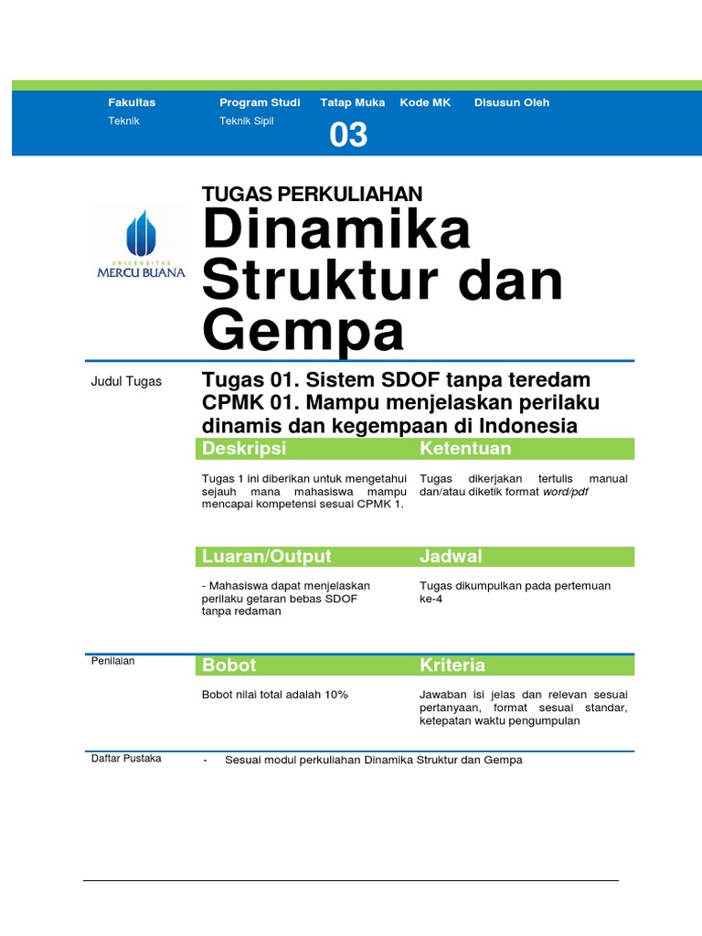 TUGAS 1 - CPMK 1 - Dinamika Struktur Dan Gempa - 0700 | PDF