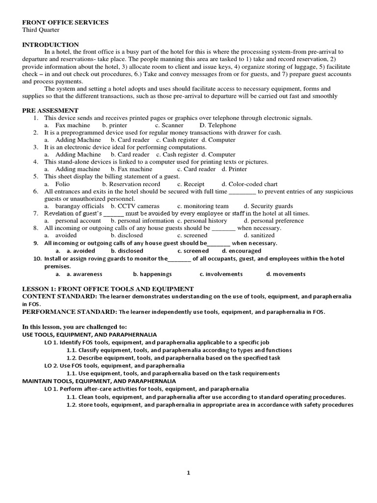 Front Office Services (Grade 8) | PDF | Occupational Safety And Health ...