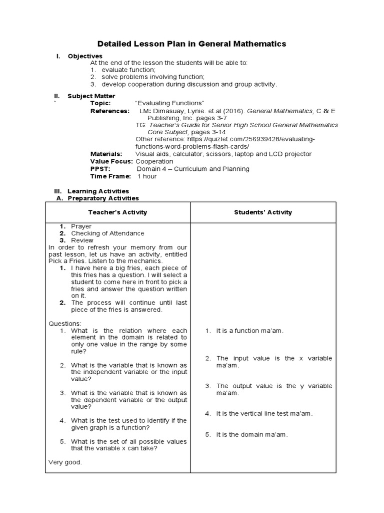 Detailed Lesson Plan in General Mathematics | PDF | Function ...