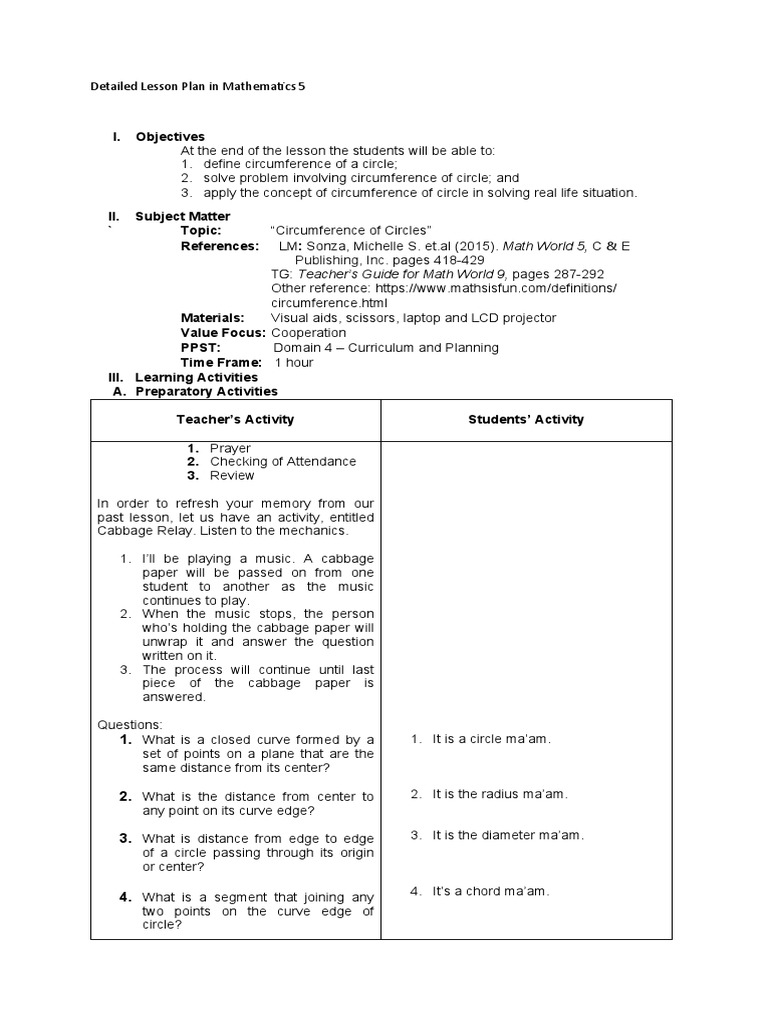 Detailed Lesson Plan in Mathematics 6 | PDF | Circle | Pi