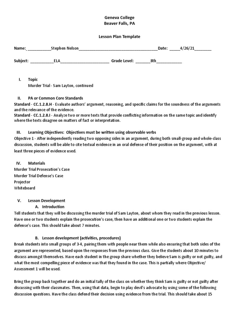 Geneva College Beaver Falls, PA Lesson Plan Template | PDF ...