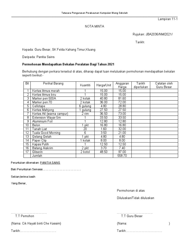 Nota Minta Panitia Sains 2021 | PDF