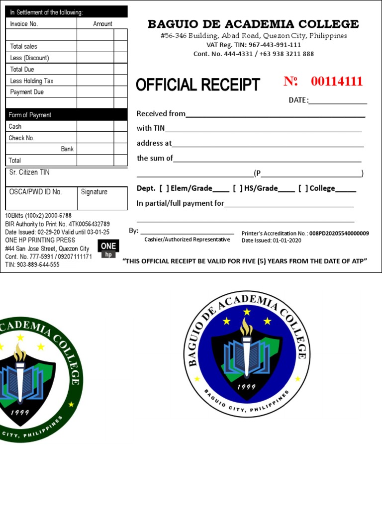 Official Receipt: Baguio de Academia College | PDF | Receipt | Invoice