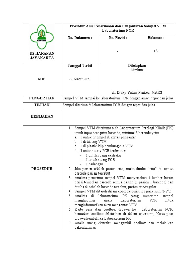 SOP Alur Penerimaan Dan Pengantaran Sampel VTM | PDF