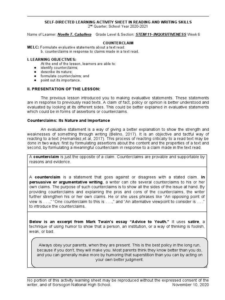 Self-Directed Learning Activity Sheet in Reading and Writing Skills ...