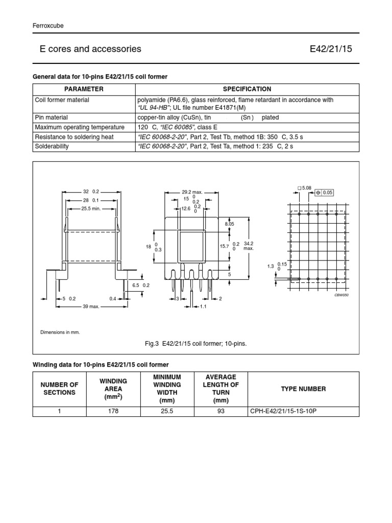 E Cores and Accessories E42/21/15: General Data For 10-Pins E42/21/15 ...