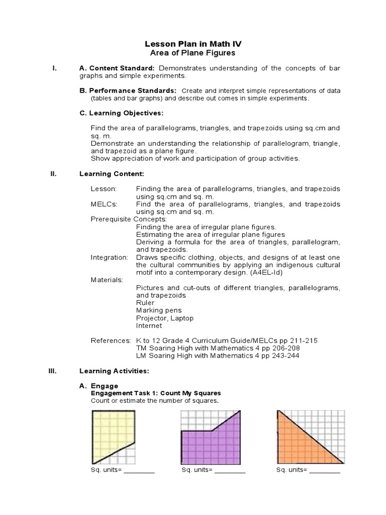 Area of Plane Figures: Lesson Plan in Math IV | PDF | Area | Triangle