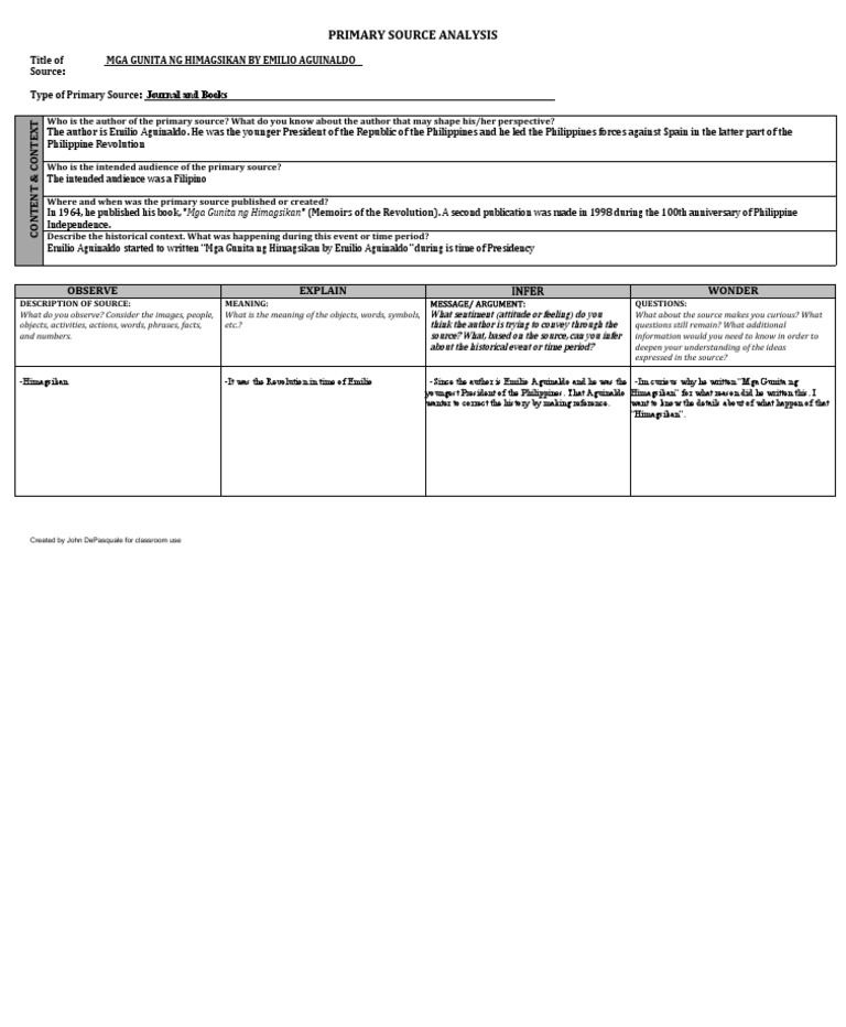 Primary Source Analysis: Title of Source: Mga Gunita NG Himagsikan by Emilio Aguinaldo | PDF ...