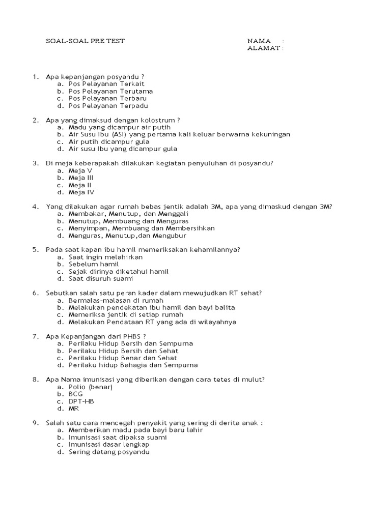 SOAL PRE TEST Pelatihan Kader | PDF