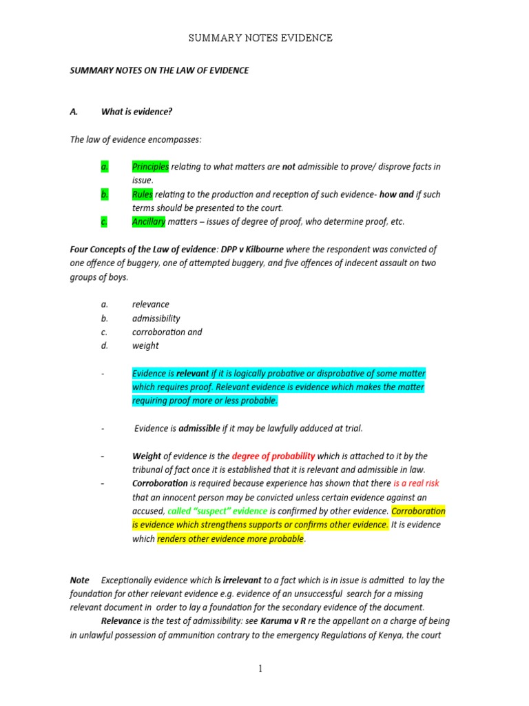 Summary Notes Evidence | PDF | Burden Of Proof (Law) | Evidence (Law)