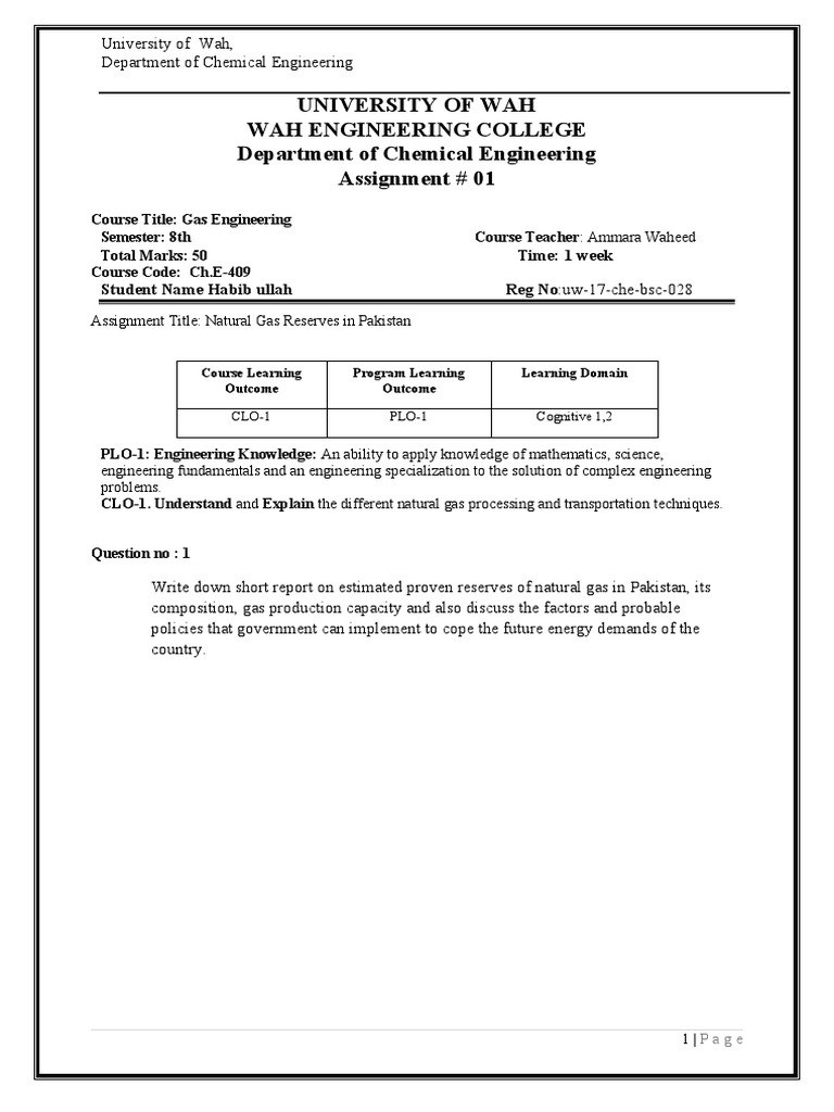 University of Wah Wah Engineering College Department of Chemical ...