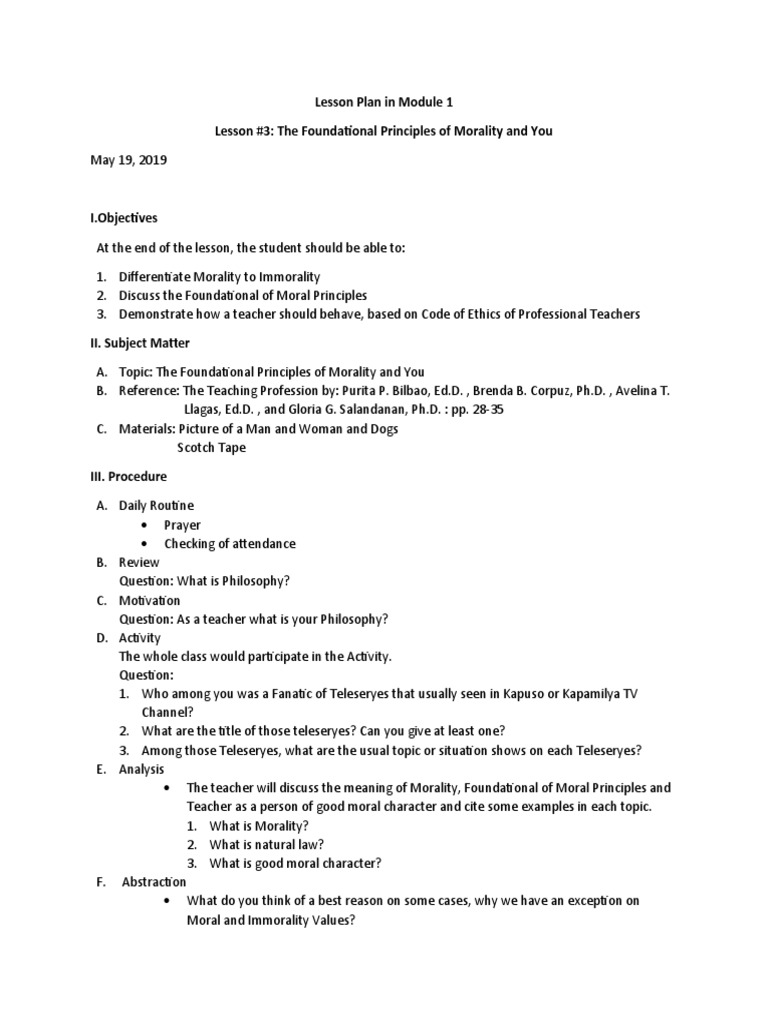 Lesson Plan in Module 1 Lesson 3 The Fou | PDF | Morality | Profession