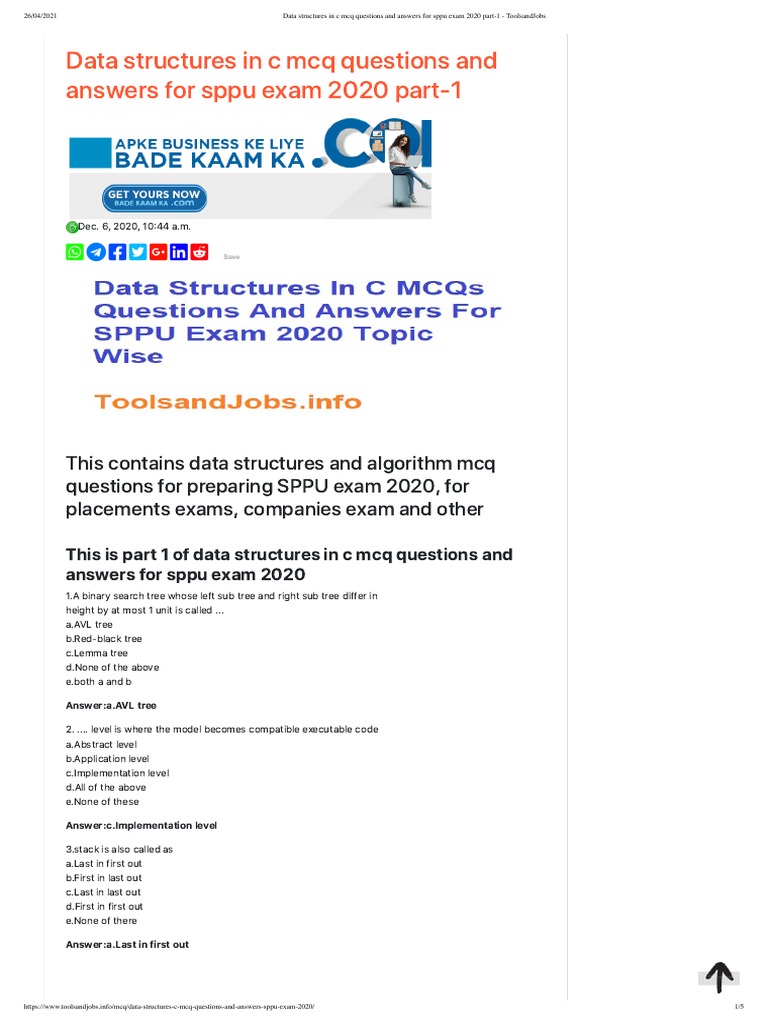 Data Structures in C MCQ Questions and Answers For Sppu Exam 2020 Part ...