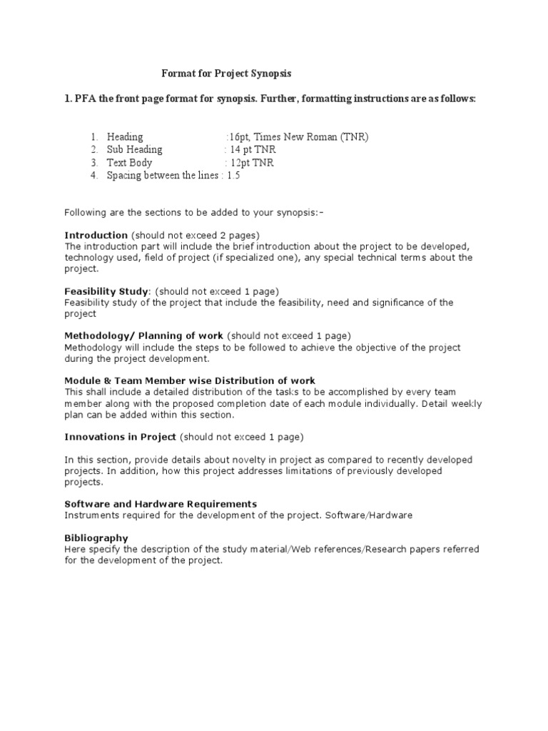 Format For Project Synopsis 1. PFA The Front Page Format For Synopsis ...