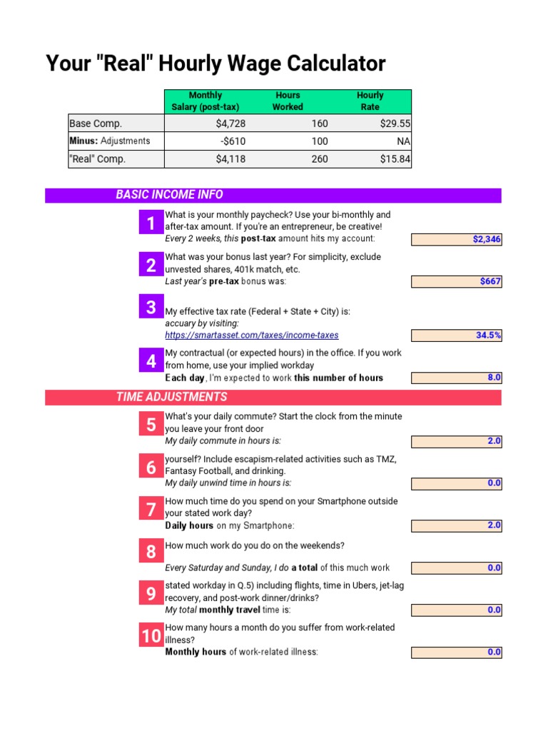 Real Hourly Wage Calculator | Download Free PDF | Income | Payroll