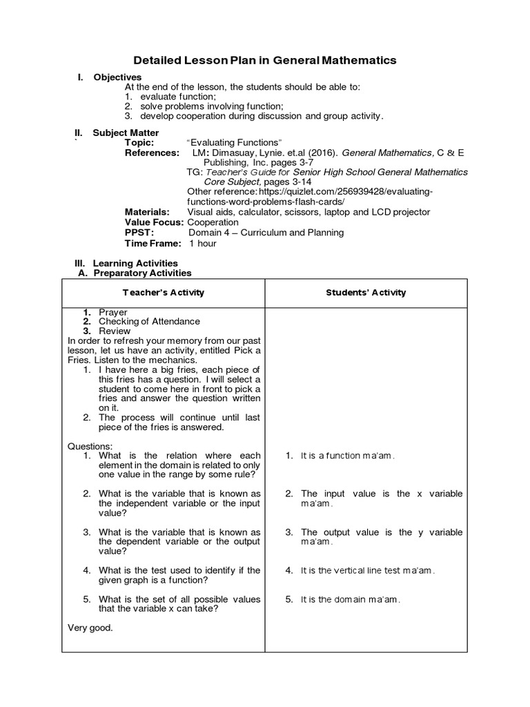 Detailed Lesson Plan in General Mathematics (Final) | PDF | Function ...