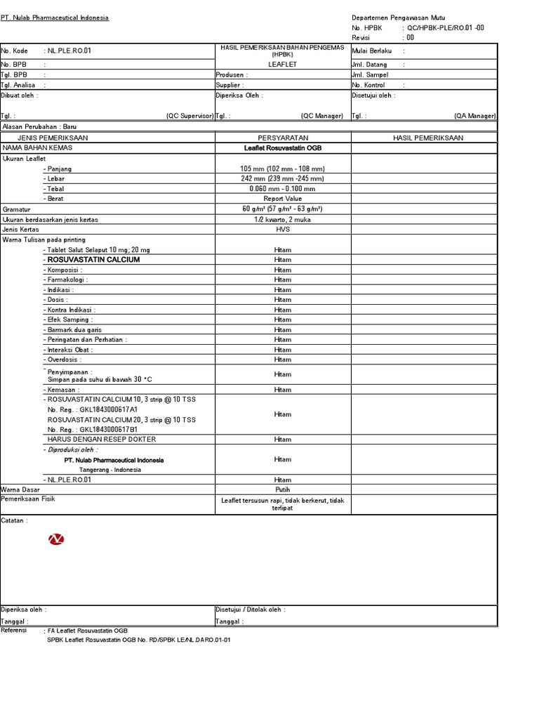 Pemeriksaan Leaflet Rosuvastatin | PDF