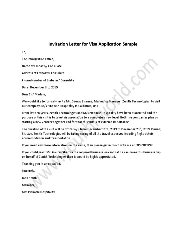 Invitation Letter For Visa Application Sample | PDF