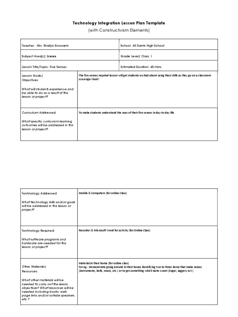 Lesson Plan On Five Senses | PDF | Lesson Plan | Neuropsychological ...