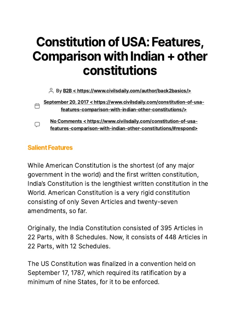 Constitution of USA - Features, Comparison With Indian + Other ...