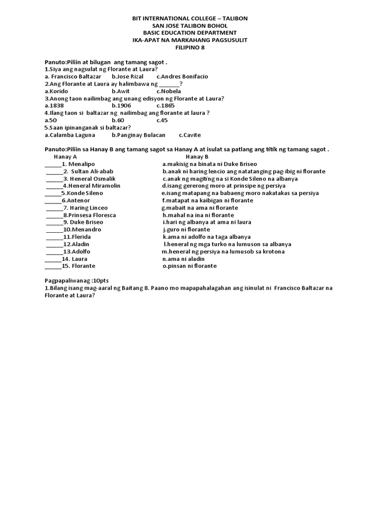 4TH Periodical Test Filipino 8 | PDF