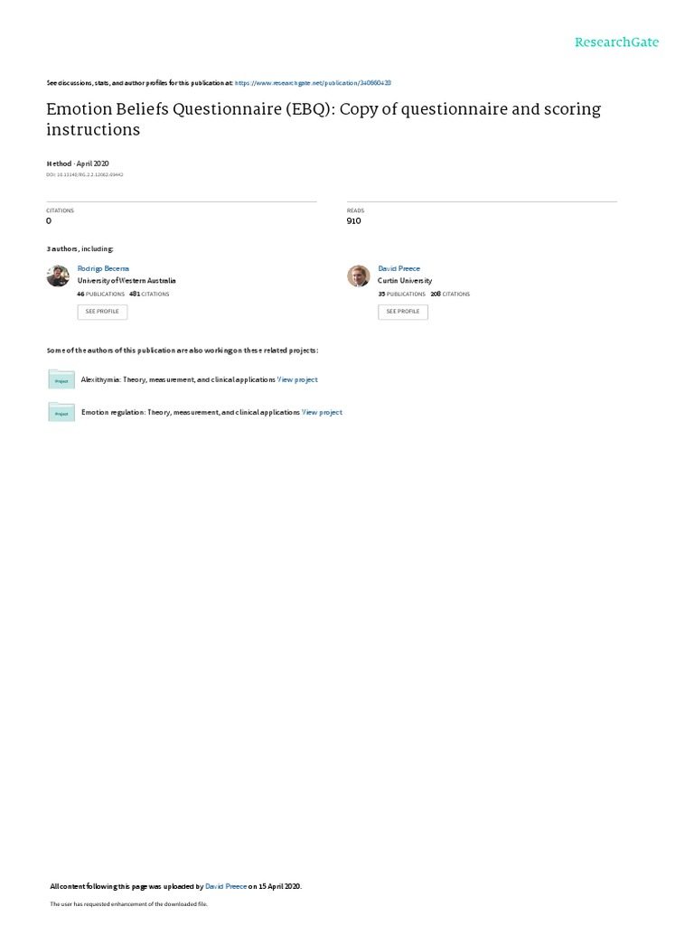 Emotion Beliefs Questionnaire (EBQ) : Copy of Questionnaire and Scoring ...