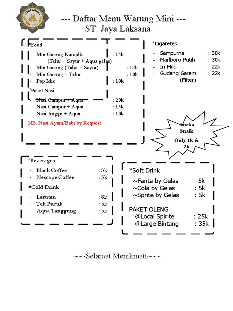 Daftar Menu Warung Mini - ST. Jaya Laksana: Selamat Menikmati | PDF