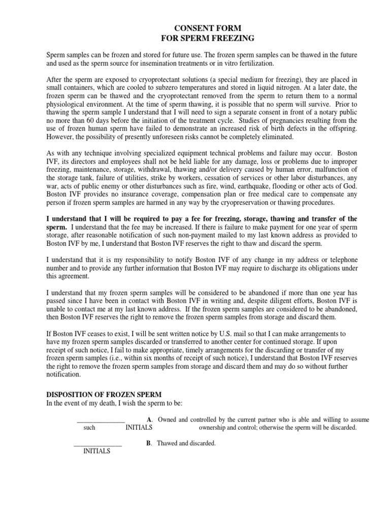 Sperm-Freezing Consent Form | PDF | In Vitro Fertilisation | Fertility
