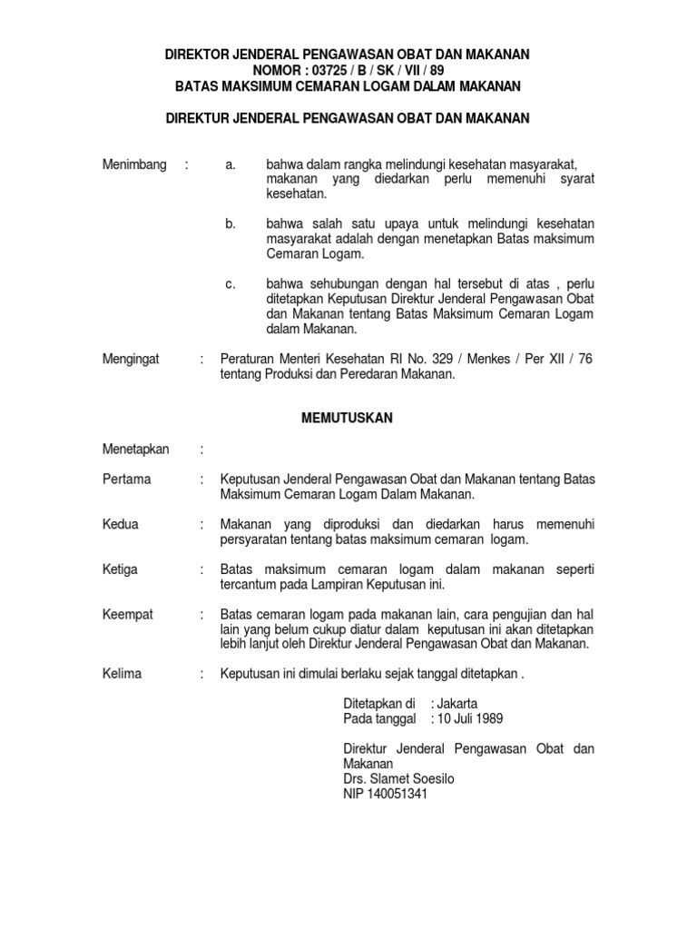 Batas Maksimum Cemaran Logam Makanan | PDF