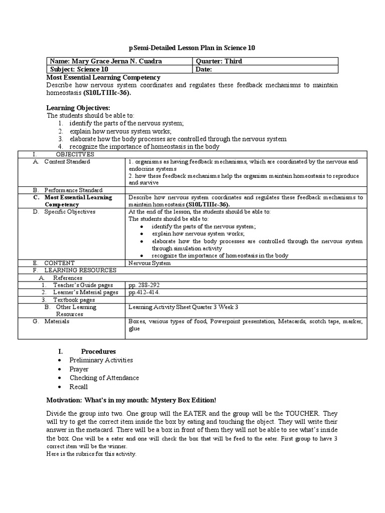 Psemi-Detailed Lesson Plan in Science 10 Name: Mary Grace Jerna N. Cuadra Quarter: Third Subject ...