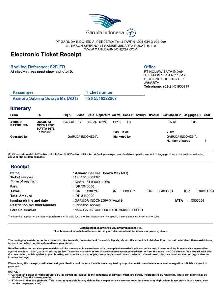 Electronic Ticket for Sabrina Soraya | PDF | Dangerous Goods | Aviation