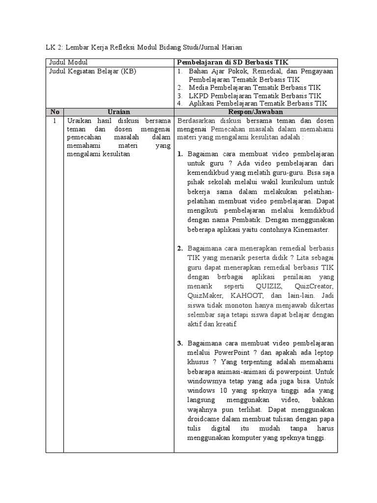 LK 2 - Lembar Kerja Refleksi Modul Bidang Studi Jurnal Harian (TIK) | PDF