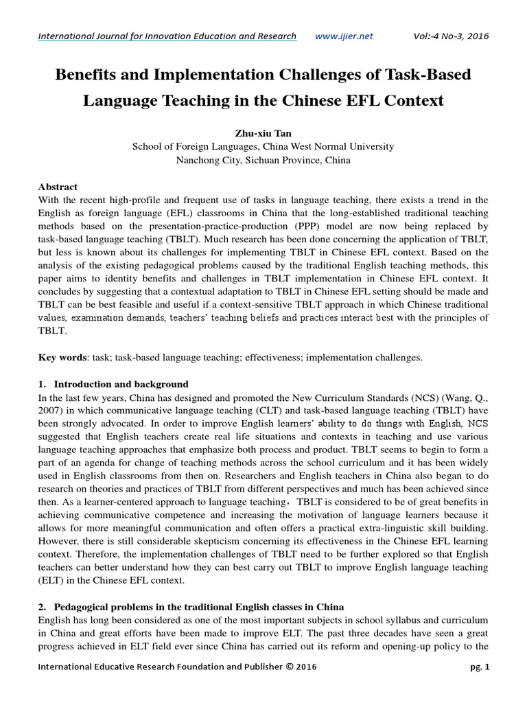 Benefits and Implementation Challenges of Task-Based Language Teaching ...