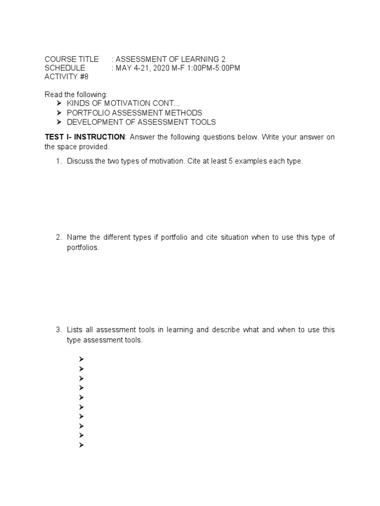 TEST I-INSTRUCTION: Answer The Following Questions Below. Write Your ...