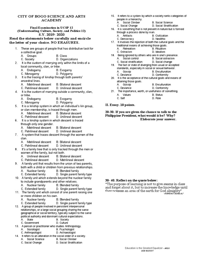 4th Quarter Exam - Ucsp | PDF | Kinship | Family