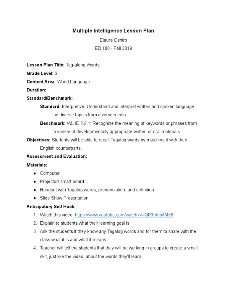 Multiple Intelligences Lesson Plan | PDF | Lesson Plan | Teachers