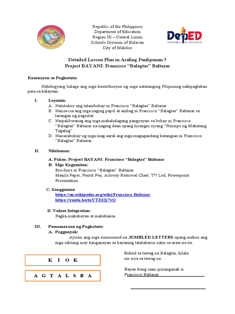 Grade 5 Project Bayani DLP Francisco Baltazar | PDF